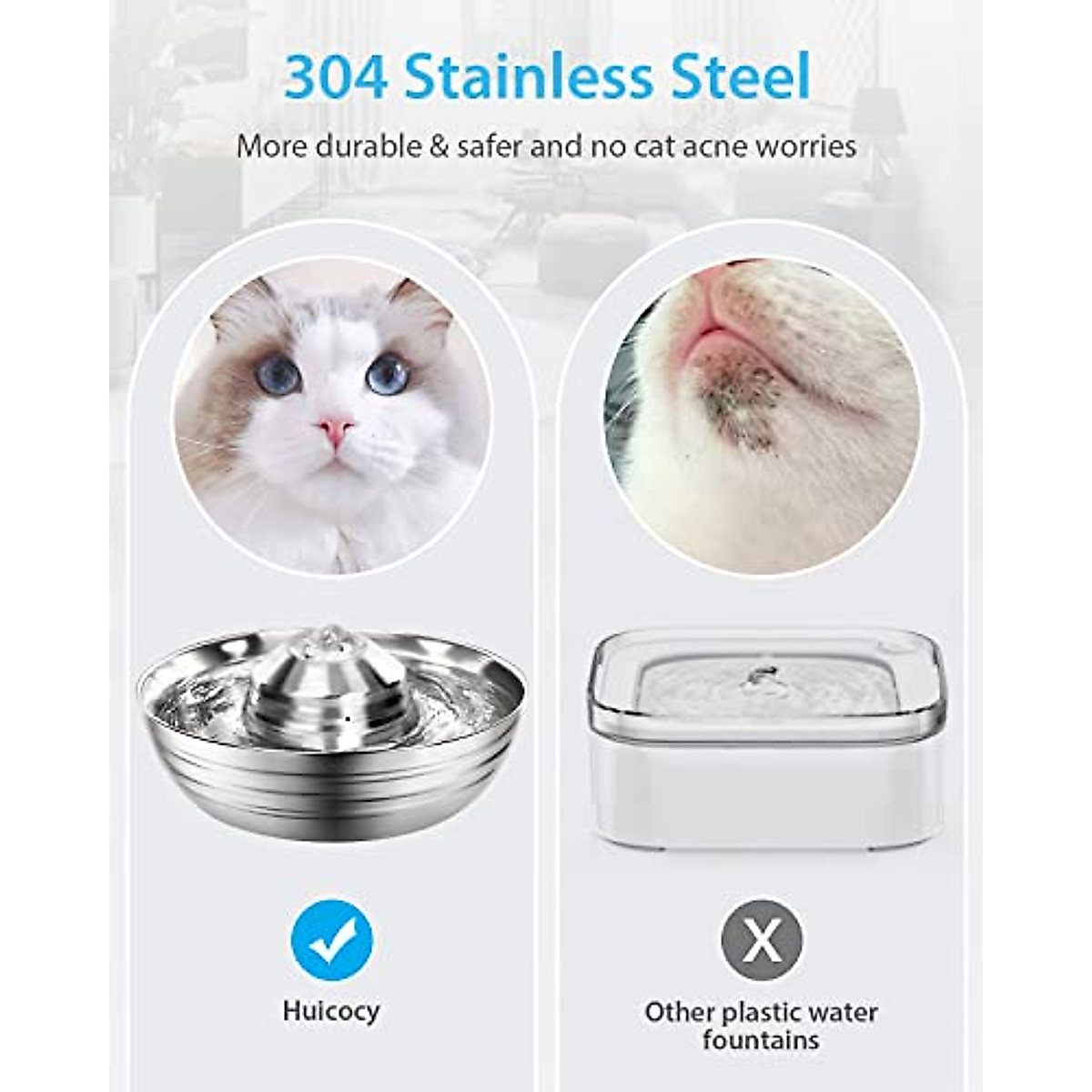 Huicocy Cat Water Fountain Stainless Steel, 67Oz/2L Pet Fountain with Ultra-Quiet Design, Visible Water Level, 360° Automatic Cat Water Dispenser Easy Assemble and Clean,Supply Water Even Power Off