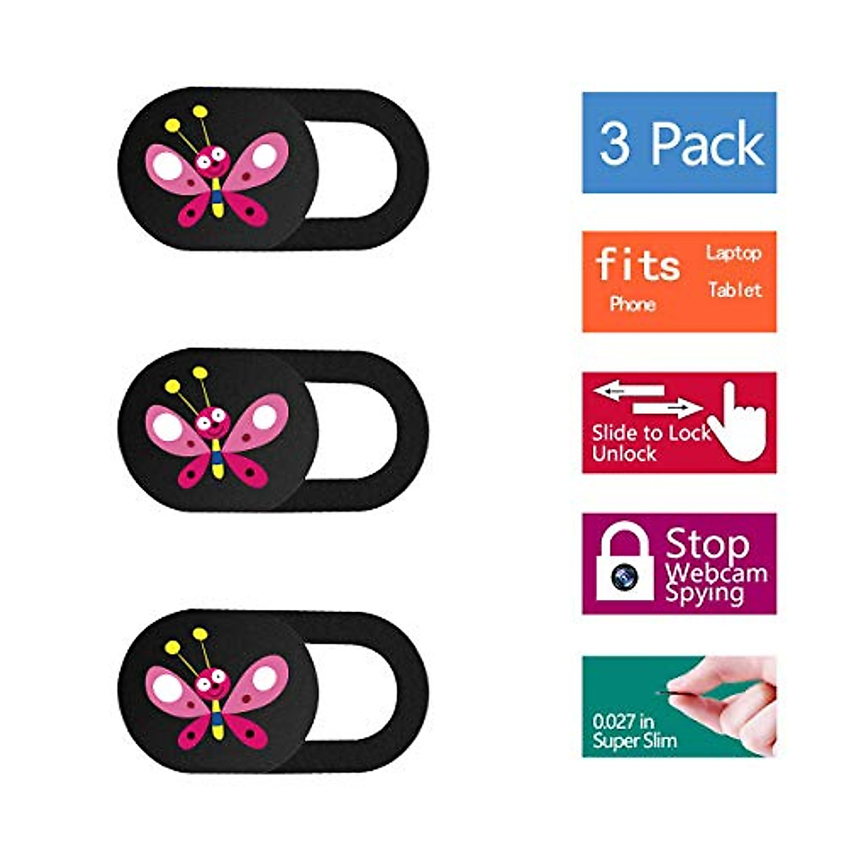 SIREG Webcam Cover Slide 0.027in Ultra Thin Web Camera Cover for Laptops Smartphone PC Tablets for Protecting Your Privacy Security (Butterfly-Black & 3 Pack)