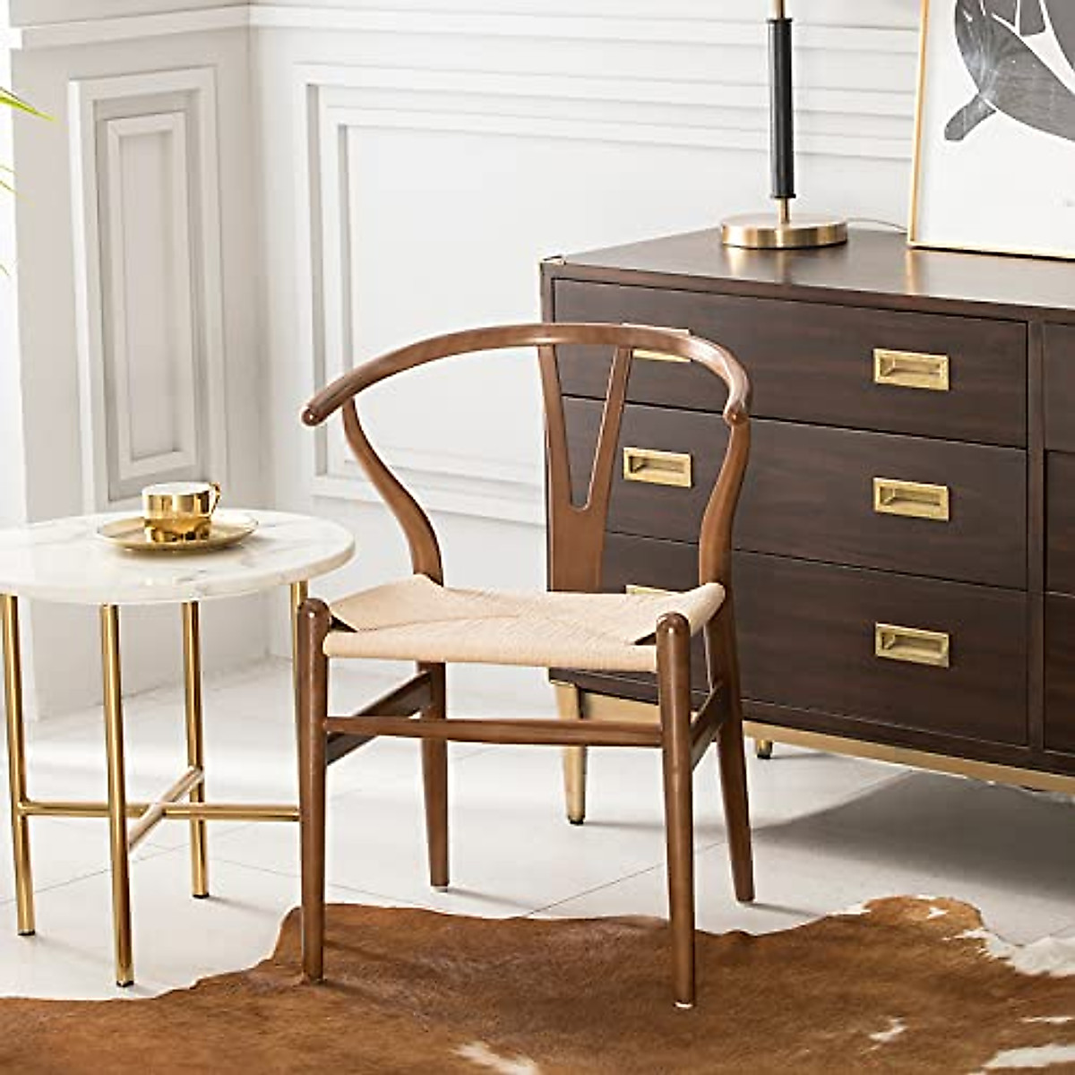 Polynices Wishbone Chair, Weave Modern Solid Wood Mid-Century Y Shaped Backrest Dining Chair (Walnut Set of 2)