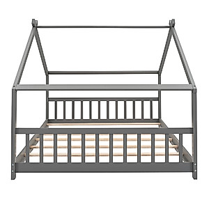 Harper & Bright Designs Full Size House Bed for Kids, Full Bed Frame with Headboard and Footboard, Wooden Kids House Bed for Girls Boys Bedroom Furniture, No Box Spring Needed, Grey