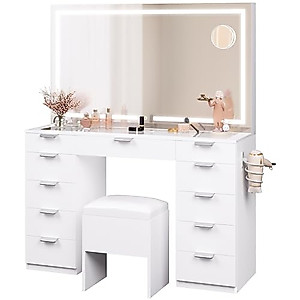 YITAHOME Vanity Desk Set with Large LED Lighted Mirror & Power Outlet, Glass Top Vanity with 11 Drawers and Magnifying Glass, 46'' Large Makeup Vanity with Storage Bench, White Vanity for Bedroom
