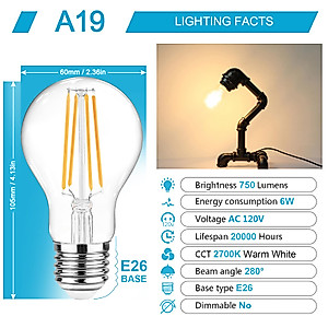 Ascher 60 Watt Equivalent, E26 LED Filament Light Bulbs, Warm White 2700K, Non-Dimmable, Classic Clear Glass, A19 LED Light Bulb with 80+ CRI, 6-Pack