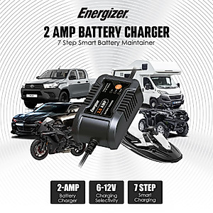 Energizer 2-Amp Battery Charger/Maintainer, 9-Step Smart Battery Car Charger, LCD Display, 6V/12V Voltage Detection for Auto, Motorcycle, RV, Boat,SUV