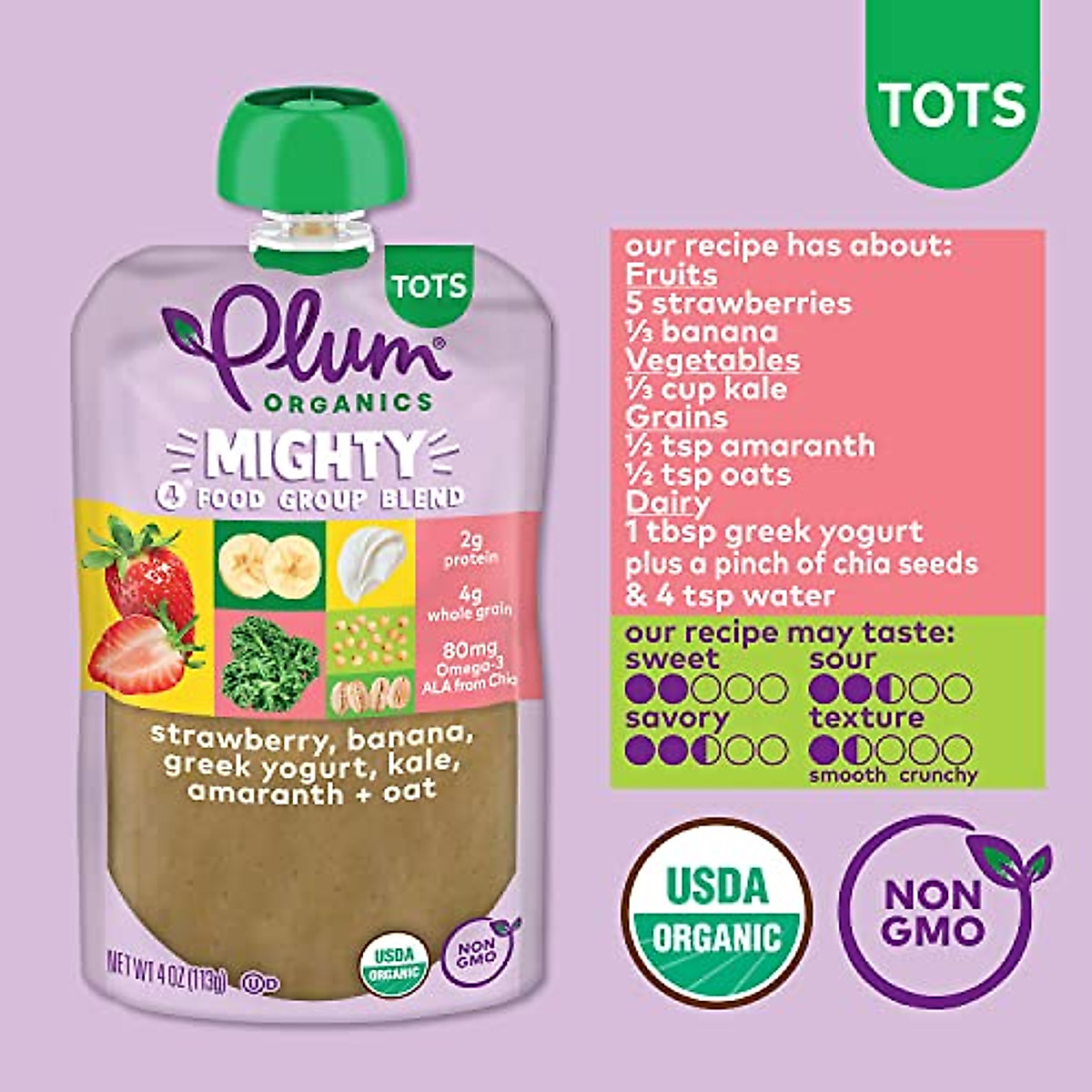 Plum Organics Mighty 4 Organic Toddler Food - Strawberry, Banana, Greek Yogurt, Kale, Amaranth, and Oat - 4 oz Pouch - Organic Fruit and Vegetable Toddler Food Pouch