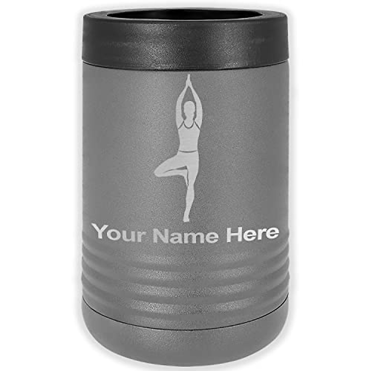 LaserGram Double Wall Insulated Beverage Can Holder, Yoga Woman, Personalized Engraving Included (Standard Can, Gray)