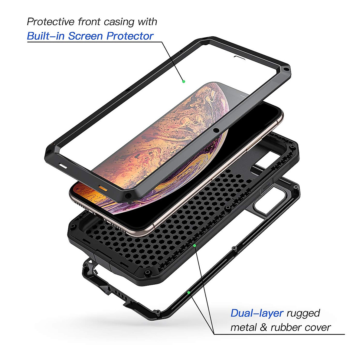 Lanhiem iPhone Xs Max Metal Case, Heavy Duty Shockproof [Tough Armour] Rugged Case with Built-in Glass Screen Protector, 360 Full Body Protective Cover for iPhone Xs Max (6.5" 2018) -Black