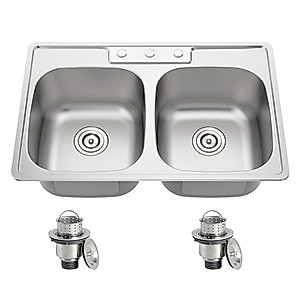 JoviPrime 33 Inch Double Bowl Drop In 50/50 Kitchen Sink Top Mounted 18 Gauge 304 Stainless Steel Sink with Strainer 33" x 22" x 9"