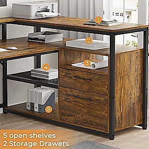 SEDETA L Shaped Computer Desk, 59'' Corner Office Desk, Office Desk with Drawers, Legal/Letter/A4 File Drawers, Headphone Hook and Monitor Shelf, Home Office Desks for Printer, Rustic Brown