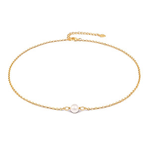 Aobei Pearl Single Cultured Pearl Choker 18K Gold Chain White Bead Necklace Layering Minimalist Jewelry for Women 15’’