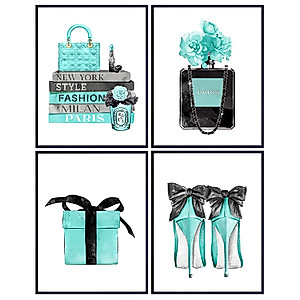 Blue Glam Wall Art - Designer Perfume, Shoes, Handbags - High Fashion Design Gift for Fashionista - Luxury Couture Wall Decor Poster Print Picture Set for Women, Girls Bedroom, Teens Room