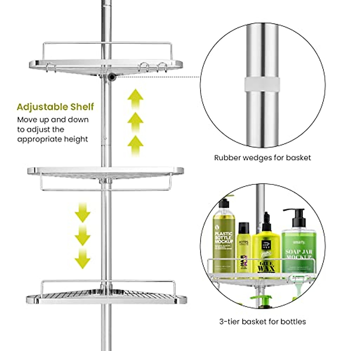 Yvilant Corner Shower Caddy Tension Pole, 4 Layer Rustproof Shower Corner Shelf Stainless Steel Pole Organizer Standing Shower Organizer Adjustable Shower Shelf, 59-110 Inches, Silver