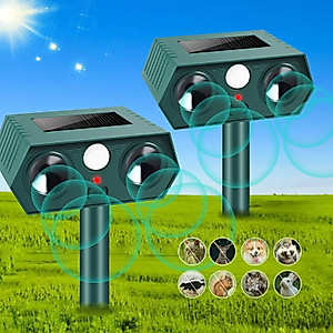 2 Pack Solar Animal Repeller Outdoor Ultrasonic Cat Deterrent with PIR Motion Sensor for Cat Deer Rabbit Skunk Dog Squirrel Raccoon, Waterproof Deer Repellent Raccoon Repellent Dog Repellent for Yard
