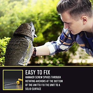 BuboBoss Fake Scarecrow Owl Decoy |16 Inch Solar Powered Motion Activated Plastic Owl to Keep Pigeons, Squirrels, Rabbits, and Rats Away from Gardens, Barns, Decks, and Terraces