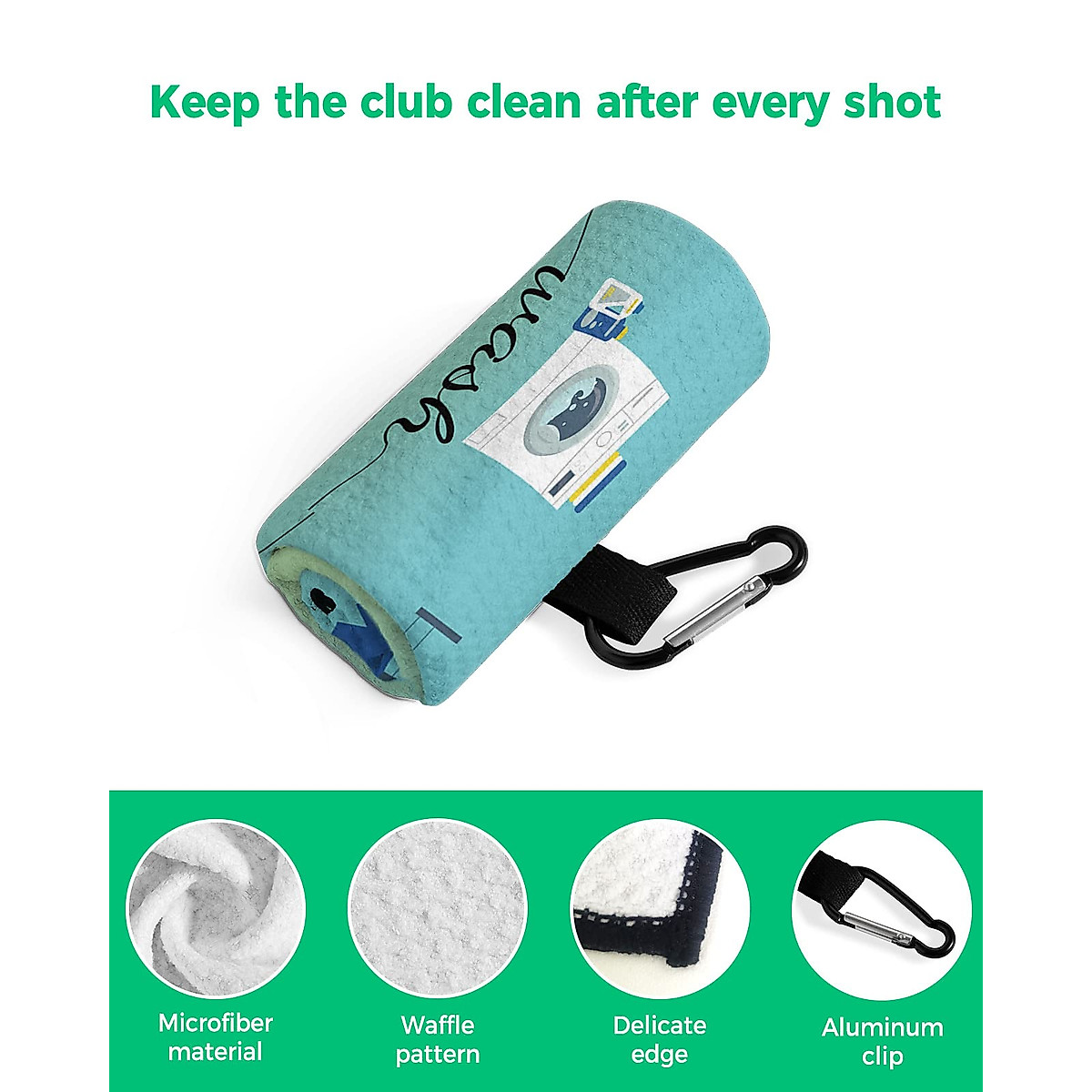 Golf Towel Microfiber Waffle Pattern Towel with Carabiner Clip,Laundry Dirty Basket Cloth Washing Machine Golf Towels for Man Woman Club Cleaner,Wash Dry Quote Teal Gradient Back Golf Accessories