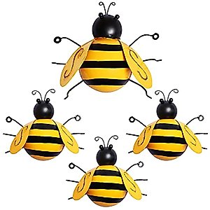 MorTime 4 Pack Metal Bee Wall Art Sculptures Garden Decorations, Hanging Bee Wall Decor Indoor Outdoor Garden Yard Lawn Decor