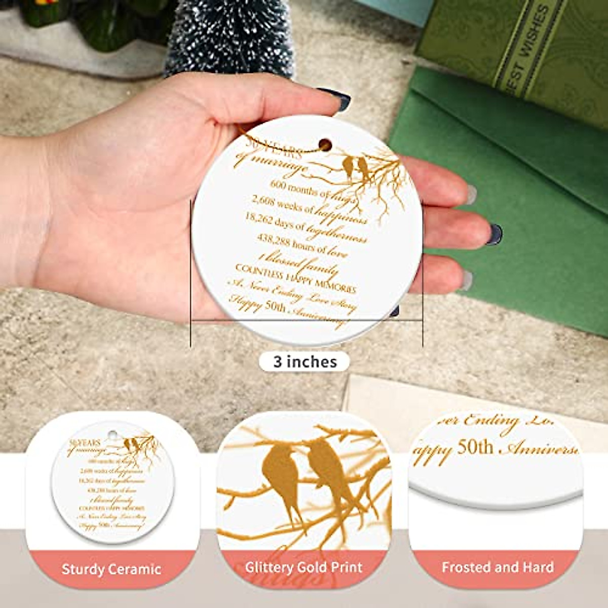 Wedding Anniversary Ornament Years of Marriage Gift Round Ceramic Christmas Tree Ornament Marriage Collectible Holiday Keepsake Decoration Gift for Couple Parent Husband Wife (50th Anniversary)