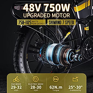 Auloor Electric Bike Adults 750W Motor 48V 12.8Ah Removable Larger Battery 20'' Fat Tire Folding Ebike 30MPH Snow Beach Mountain Electric Bicycle Shimano 7-Speed