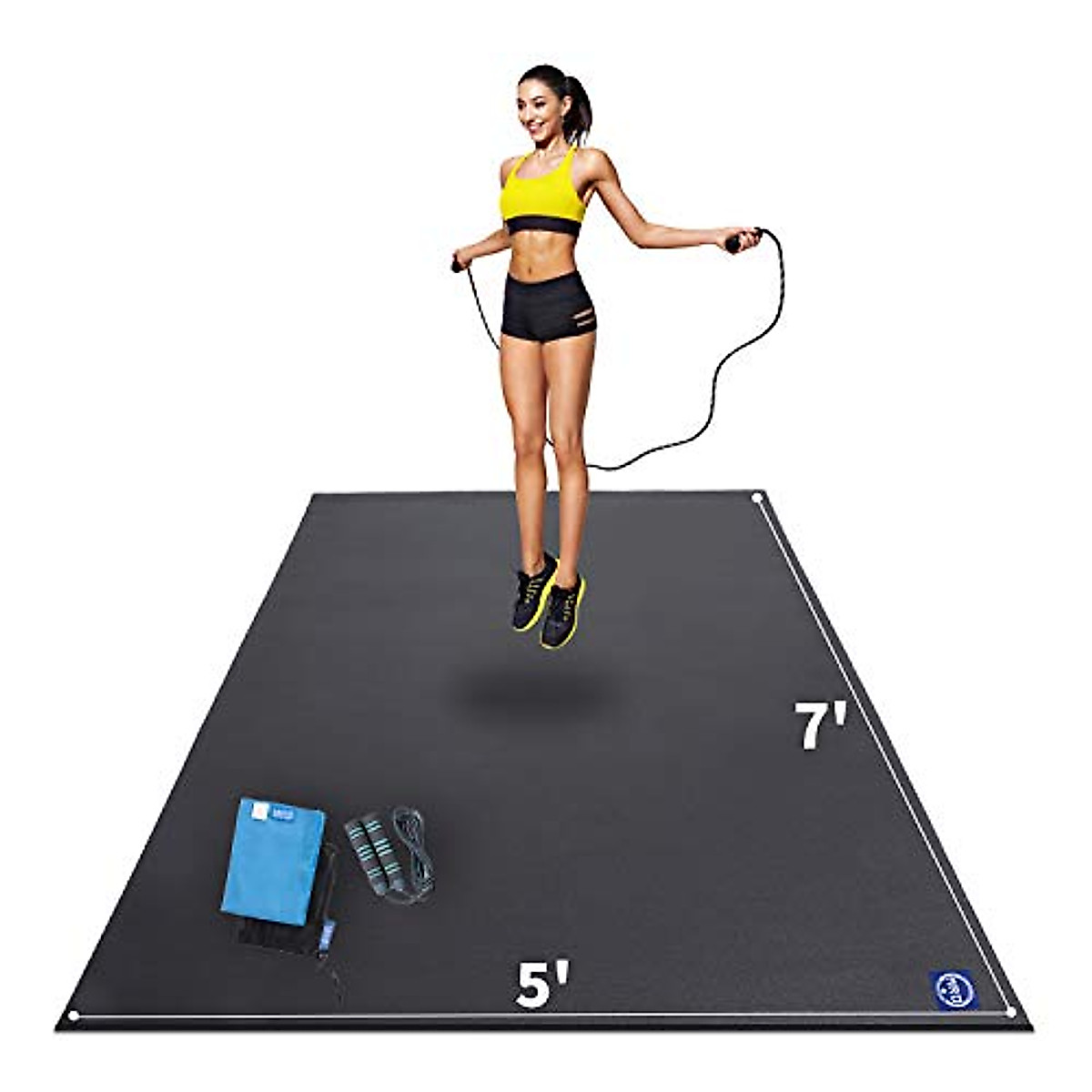 Large Exercise Mat 7' x 5' x 7mm, High-Density Workout Mats for Home Gym Flooring, Non-Slip, Extra Thick Durable Cardio Mat, and Ideal for Plyo, MMA, Jump Rope - Shoe Friendly Black