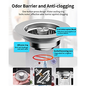 RLQXG 3 in 1 Kitchen Sink Drain Strainer [304 Stainless Steel Pop Up] Anti-Clogging Kitchen Sink Drain Stopper Stainless Steel Efficiently Drainage Odor Filter Sink Plug for Us Standard 3-1/2 Inch