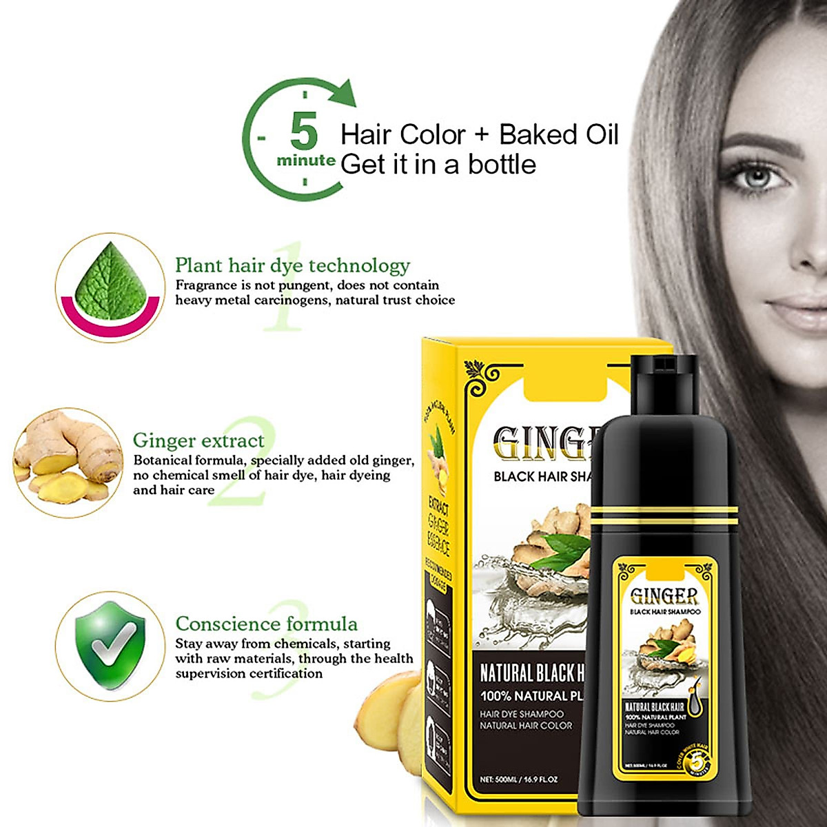 500ml Ginger Black Hair Shampoo, Ginger Shampoo Fast Black Hair Hair Color Dye Nourishing Shampoo, 2-in-1 Semi Permanent Shampoo Last 30 days,5 Minutes Finsh