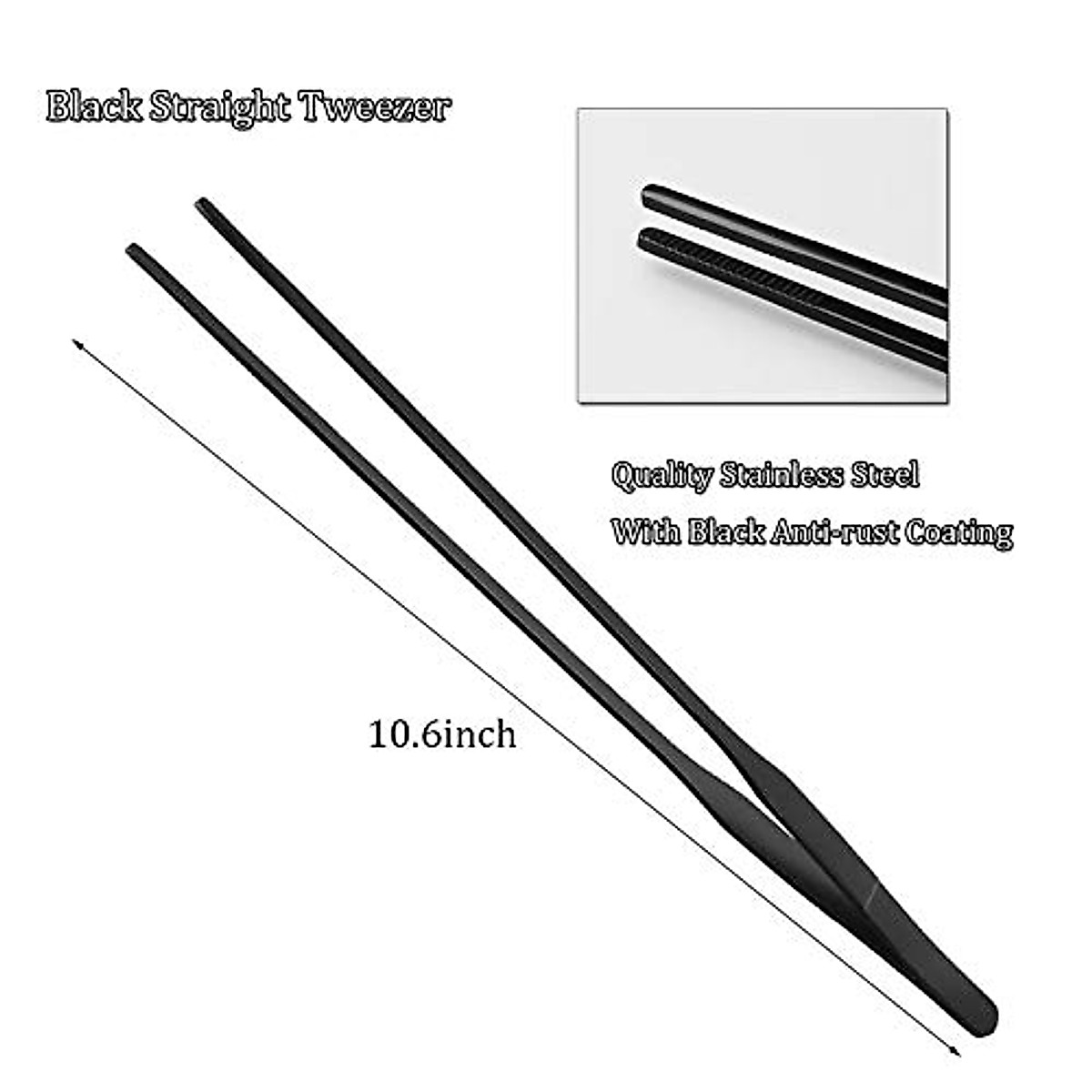 Black Aquarium Tweezers Set HRASY Stainless Steel Straight and Curved Tweezers Long Handle Reptile Feeding Tongs for Fish Tank Aquatic Plants, Pack of 2, 10.6 Inch