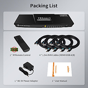 TESmart HDMI KVM Switch 4 Port 4K@60Hz, KVM Switch 1 Monitor 4 Computers EDID Emulators, USB 2.0, L/R Audio, Hotkey Switch, Button Switch with Remote Controller and All Cables