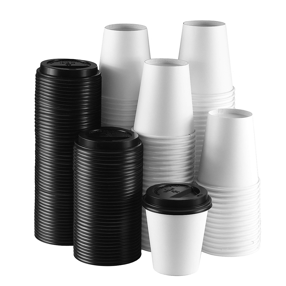 NYHI 10 oz. White Paper Disposable Cups With Black Lids - Hot/Cold Beverage Drinking Cup for Water, Juice, Coffee or Tea - Ideal for Water Coolers, Party, or Coffee On the Go