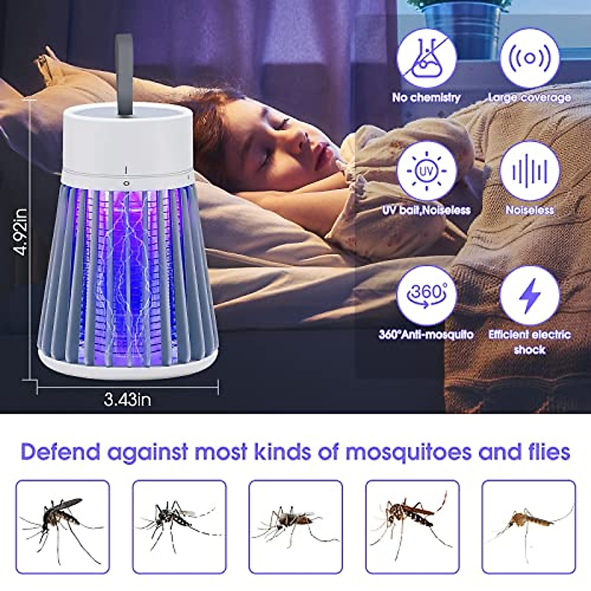 LEOFI Electric Bug Zapper for Indoors Outdoor Fly Zapper Mosquito Trap LED Fly Trap and Purple Light Portable Camp Mosquito Killer Up to 6 Hours of Battery Have Security Grid(Gray)
