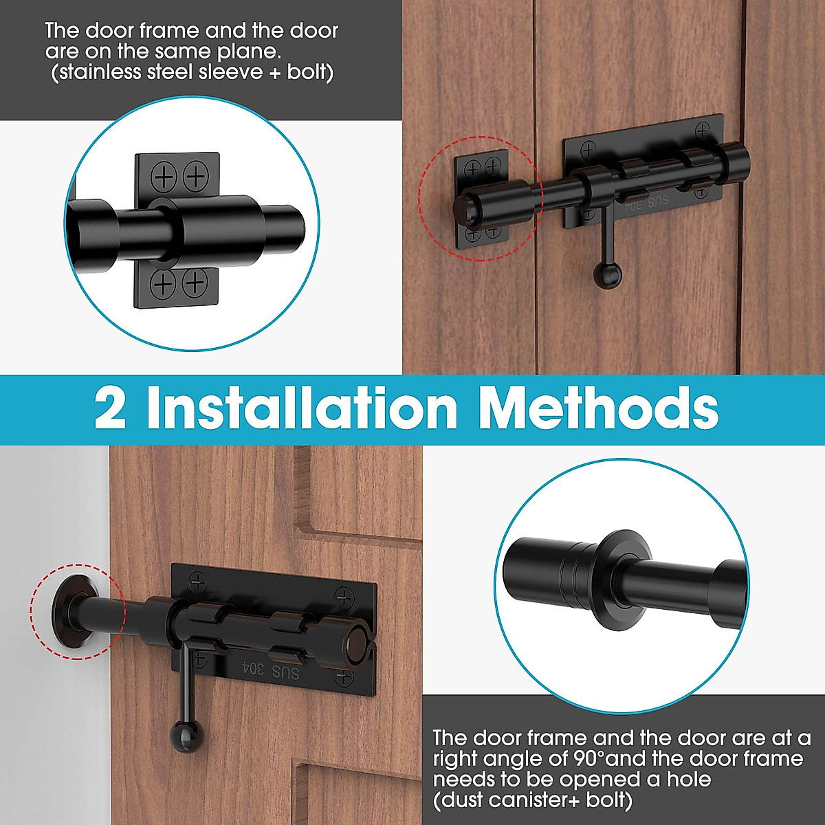 Slide Bolt Gate Latch Hardware, Barrel Bolt Latch, 6.3 Inch Heavy Duty Solid 304 Stainless Steel Black Finish for Wooden Fence/Shed Door/Yard Door/Barn Door/Interior and Outdoor Latch (2 Pack Black)