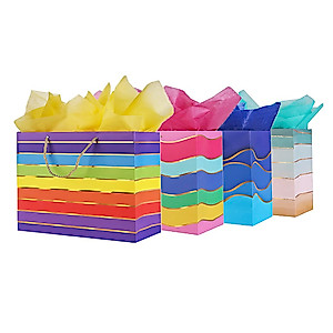 16" Extra Large Gift Bags with Tissue Papers, Extra Large Gift Bags with Handles, Large Gift Bags for Presents, Rainbow Big Gift Bags, Gold Gift Bags Large Size, Extra Large Birthday Gift Bags Bulk