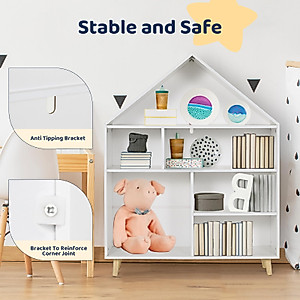 Arlopu Kids Bookshelf Toy Organizer, Wooden Dollhouse Bookcase, 6-Section Toddler Toy Storage Cabinet, Freestanding 4-Tier Display Book Shelves, for Playroom, Bedroom, Daycare, White