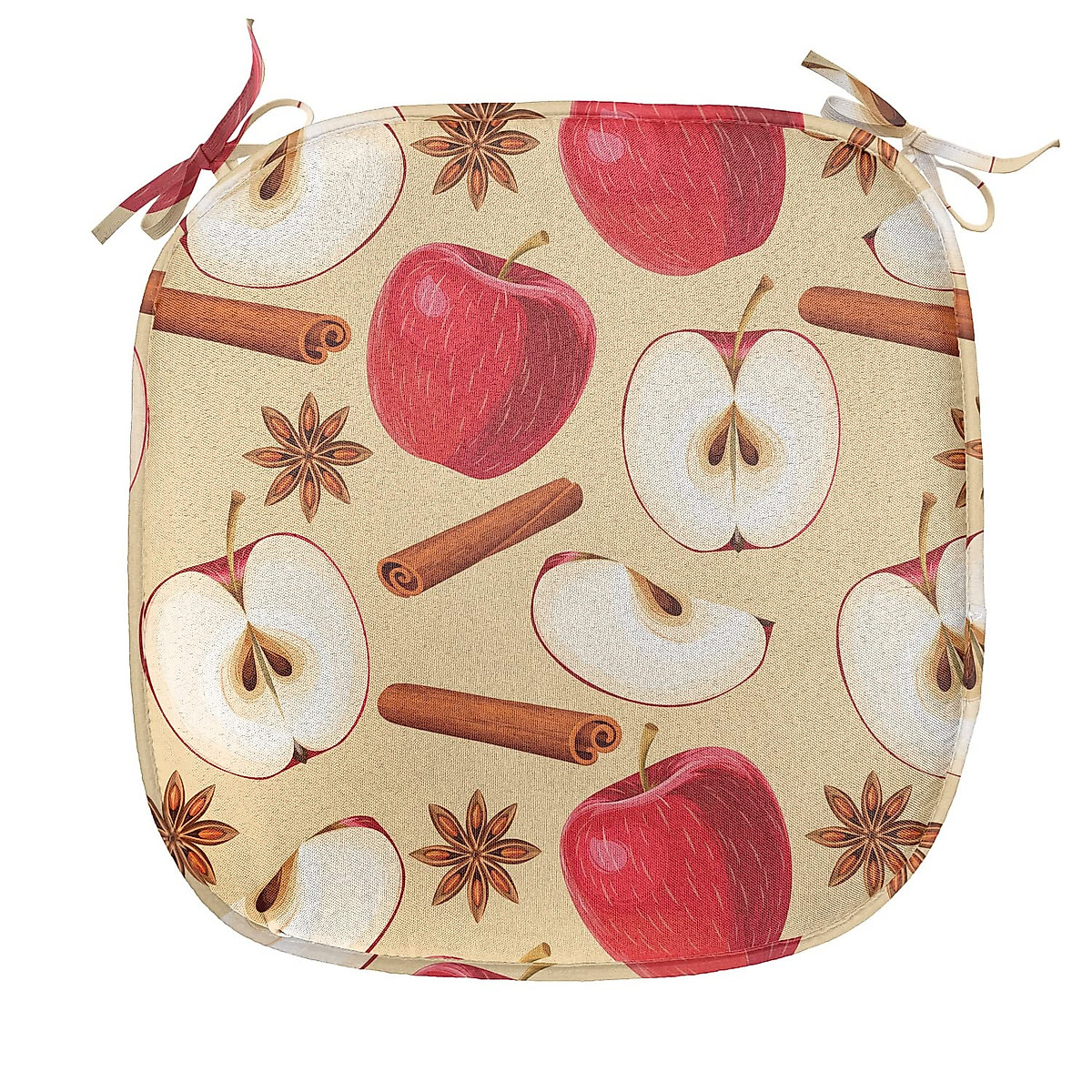 Ambesonne Fruits Chair Seating Cushion Set of 2, Quartered and Halved Apples with Cinnamon Sticks and Star Anise Diet Recipe, Anti-Slip Seat Padding for Kitchen & Patio, 16"x16", Beige Cinnamon Red