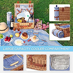 DHAEE Wicker Picnic Basket Set for 4 Person with Cooler Compartment and Waterproof Picnic Blanket,Removable Strap,Wine Bag,Cutlery Set,for Camping,Day Travel,Beach,Hiking,BBQ and Family/Couples Gifts