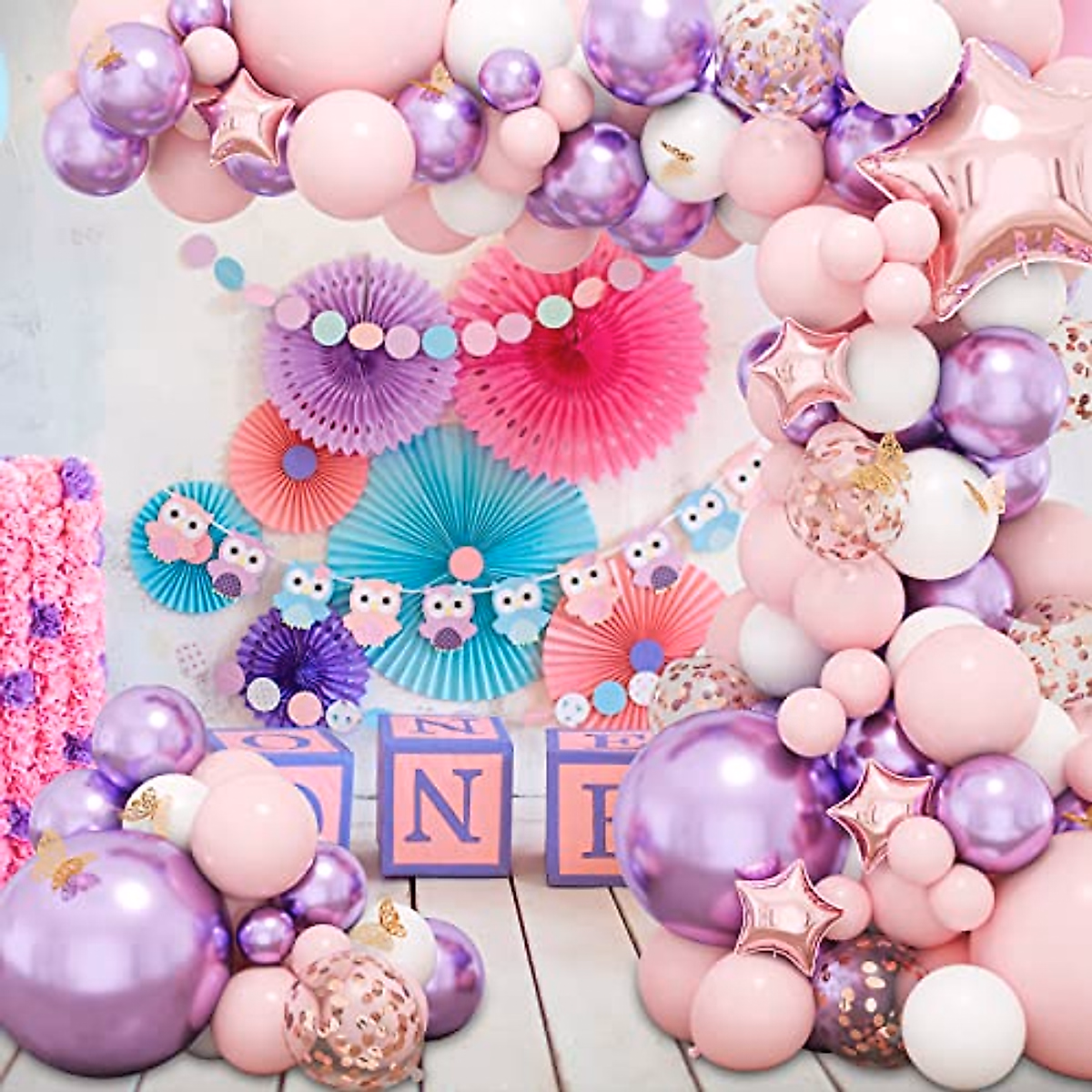 RUBFAC 176pcs Pink Balloon Garland, Purple Baby Shower Decorations for Girl with Butterfly Decorations Foil Balloons for Birthday Party Bridal Shower Bachelorette Engagement Decoration