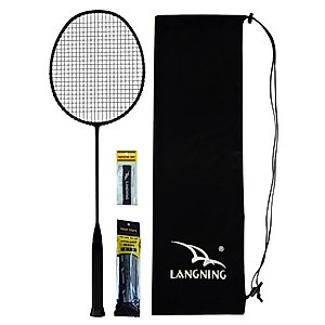 LANGNING Ultralight Badminton Racket Set, 9U 62gram Tension Full Carbon Fiber Black Badminton Racquet(Air9U Plus) (62)
