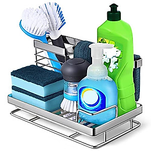 Kitchen Sink Caddy Sponge Holder: Large Kitchen Sink Organizer for Dish Rag Soap Brush - 304 Stainless Steel Sponge Holder Rack with Removable Drain Tray for Counter Storage
