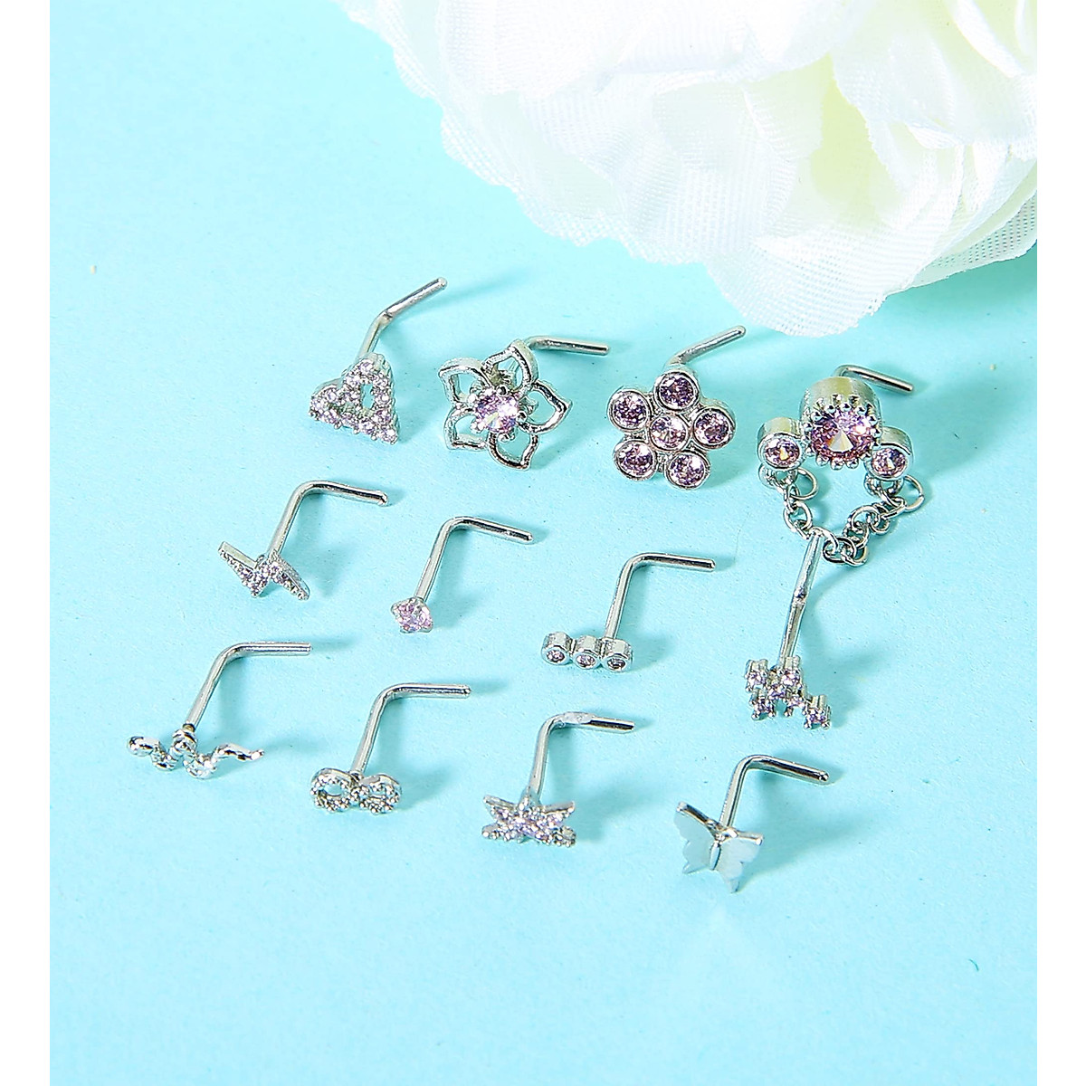 Staligue 12pcs Threadless Push in Nose Rings 20g L Shaped Dangle Push in Nose studs Stainless Steel Pushin Nose Screw Studs For Women L Shaped Screw Studs Flower Heart Nose Push in Piercing Jewelry