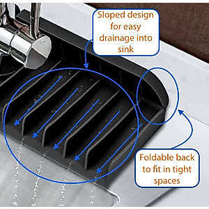 Silicone Sink Faucet Splash Catcher (14.5x5.5in., Black) | Kitchen or Bathroom mat Tray | Drip Catcher | Quick Drying Countertop Protectors | Small and Large Splatter Mats | Easy Water Drainage