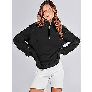 Caracilia Women Oversized Sweatshirt Quarter Zipper Fleece Pullover Hoodies Half Zip Y2K Clothes Collar Sweater Long Sleeve Trendy Fall Top Cute Gym Clothes for Women C113A7-heise-M Black