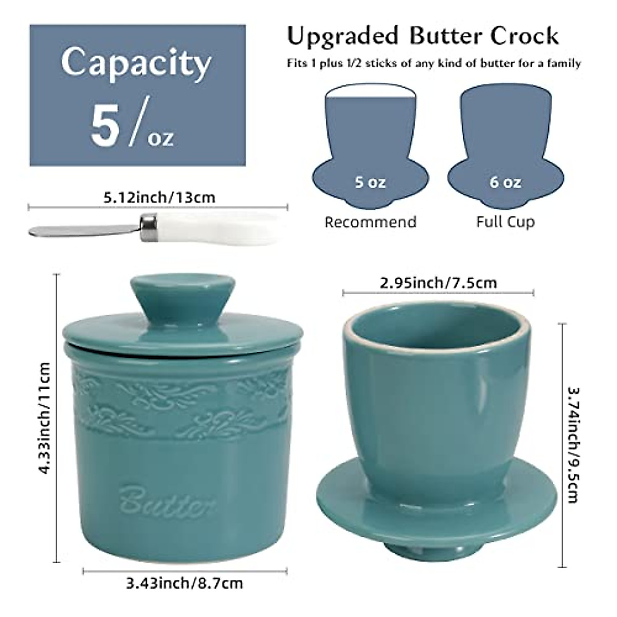 TAOUNOA Butter Dish with Lid for Countertop - Ceramic Butter Keeper with Stainless Steel Knife, French Butter Crock with Water Line Butter Holder for Counter, Light Blue