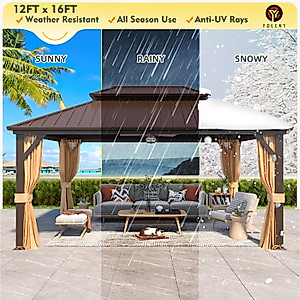YOLENY 12' x 16' Gazebo, Hardtop Gazebo with Galvanized Steel Roof, Double Roof Gazebo with Aluminum Frame, Outdoor Gazebo with Curtains and Nettings, Sunshade for Gardens, Lawns, Deck