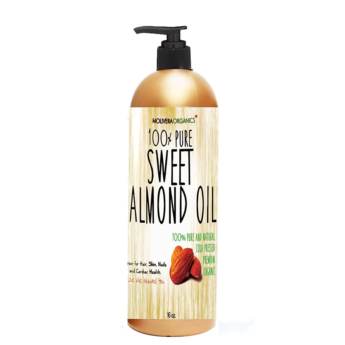 Molivera Organics Sweet Almond Oil 16 fl oz. 100% Pure and Natural, Cold Pressed Moisturizer for Skin and Hair