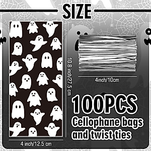 Whaline 100Pcs Halloween Cellophane Treat Bags with Silver Twist Ties Black White Ghost Plastic Candy Goodie Bags Party Favor Bags for Halloween Party Favors