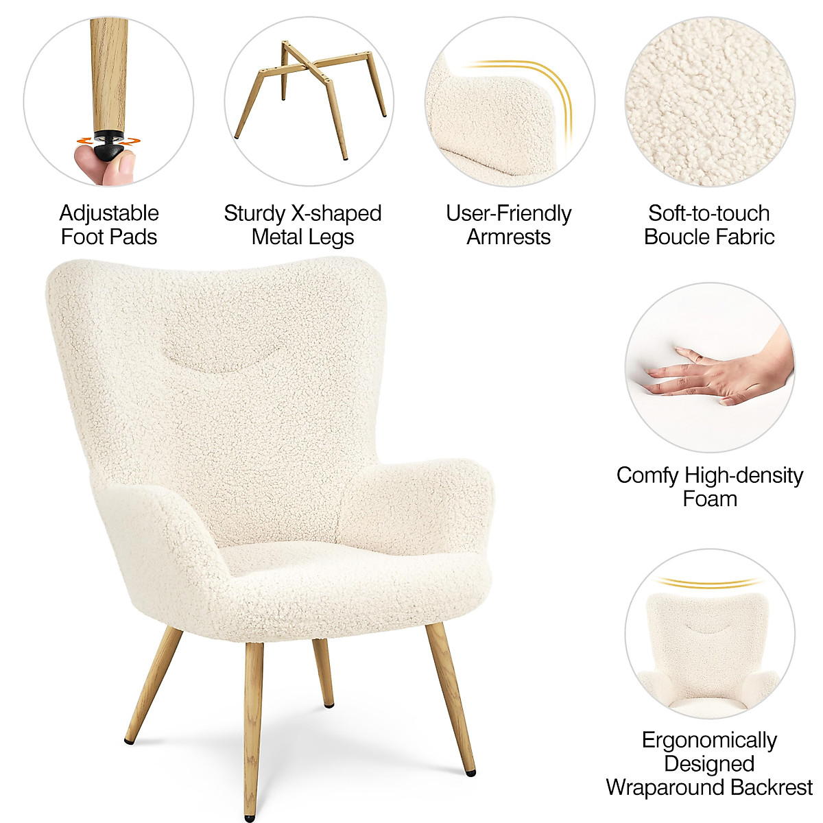 Yaheetech Accent Chair, Modern Boucle Vanity Chair with High Back and Wood-Tone Metal Legs, Sherpa Chair for Living Room, Home Office, Ivory