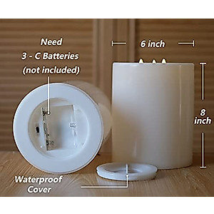 OUTDOOR XL 6" x 8" Large Flameless Candles with Remote .Rainproof Waterproof . LED Battery Operated .Flickering Pillar CANDLES--3-C Batteries runs 500hours (Not included)