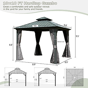 Domi 10' x 10' Hardtop Gazebo Outdoor Metal Gazebo with Galvanized Steel Double Roof Canopy, Curtains and Netting for Patio, Backyard, Deck, Lawn, Grey