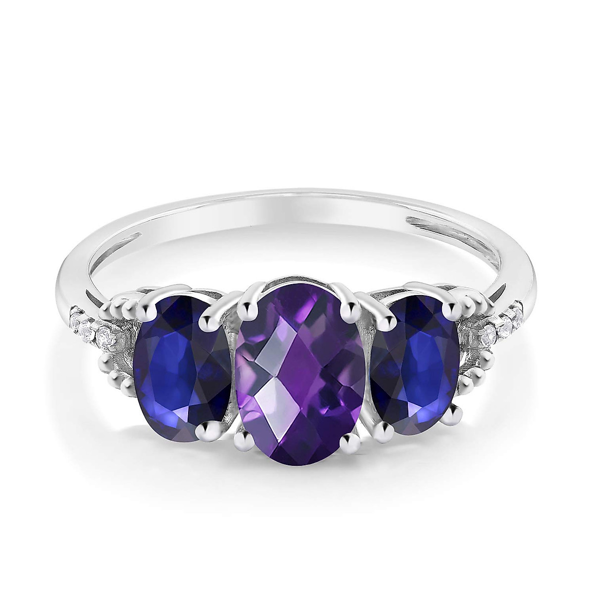 Gem Stone King 10K White Gold Oval Checkerboard Purple Amethyst Blue Sapphire and Diamond 3-Stone Women Engagement Ring (4.41 Cttw, Gemstone Birthstone, Available In Size 5, 6, 7, 8, 9)