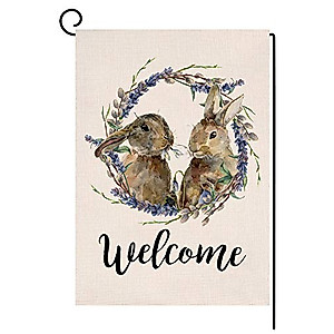 Spring Easter Bunny Lavender Welcome Garden Flag Vertical Double Sided Burlap Yard Rabbit Wreath Outdoor Decor 12.5 x 18 Inches