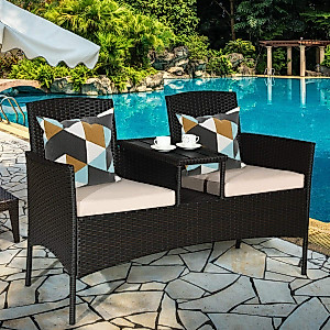 RELAX4LIFE Conversation Furniture Set with Table and Two Removable Cushions Rattan Wicker Chairs and Table Set for Patio,Garden, Baloney and Lawn Outdoor Porch Furniture Sets Loveseat(Brown+Beige)