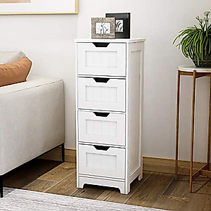 RASOO Bathroom Floor Cabinet White Freestanding Storage Organizer Cabinet with 4 Drawers for Bathroom, Living Room, Kitchen, 11.81"x11.81"x32.68"(LxWxH)